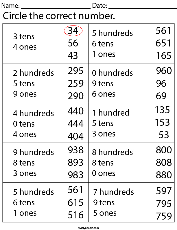 Place Value- Circle the Correct Number Math Worksheet - Twisty Noodle Place Value- Circle the Correct Number Math Worksheet - Twisty Noodle